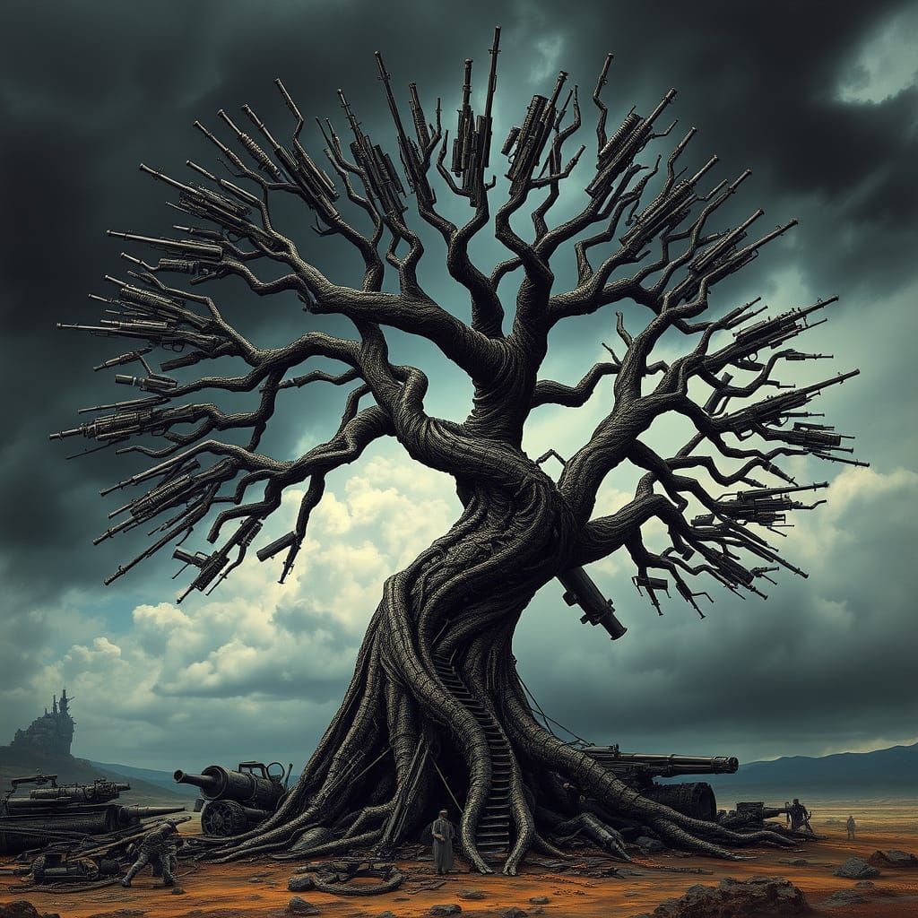 An army tree, composed of guns - Cyberpunk Apocalypse Tree:...
