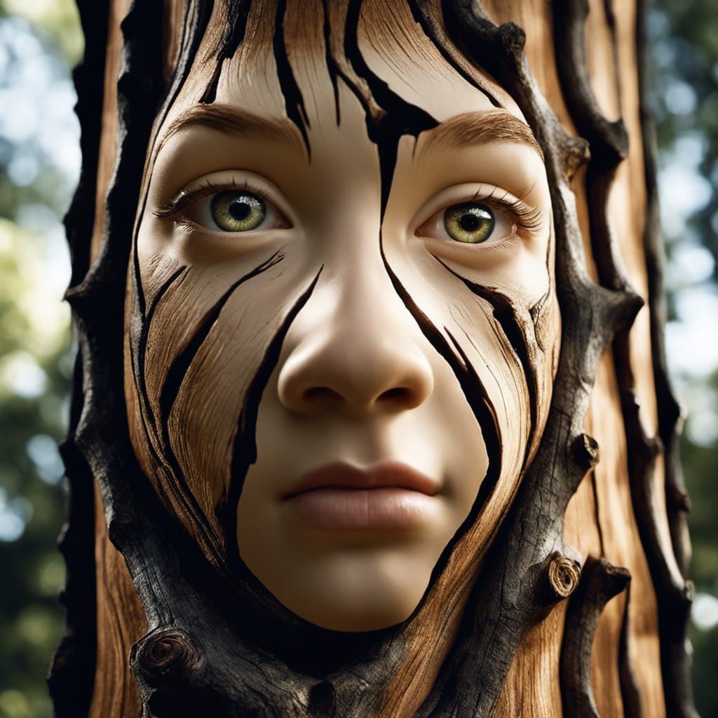 A photorealistic tree with a young attractive hyperrealistic face on ...