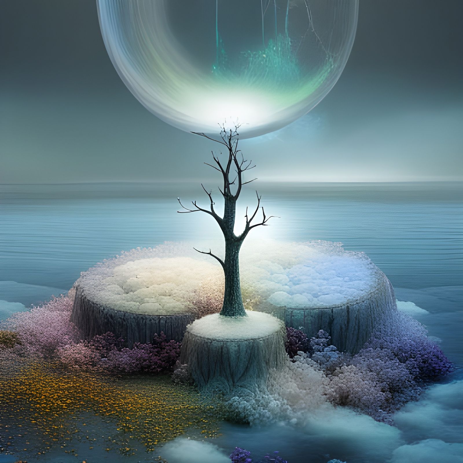 An ethereal dreamscape merging minimalism and surrealism, featuring a ...