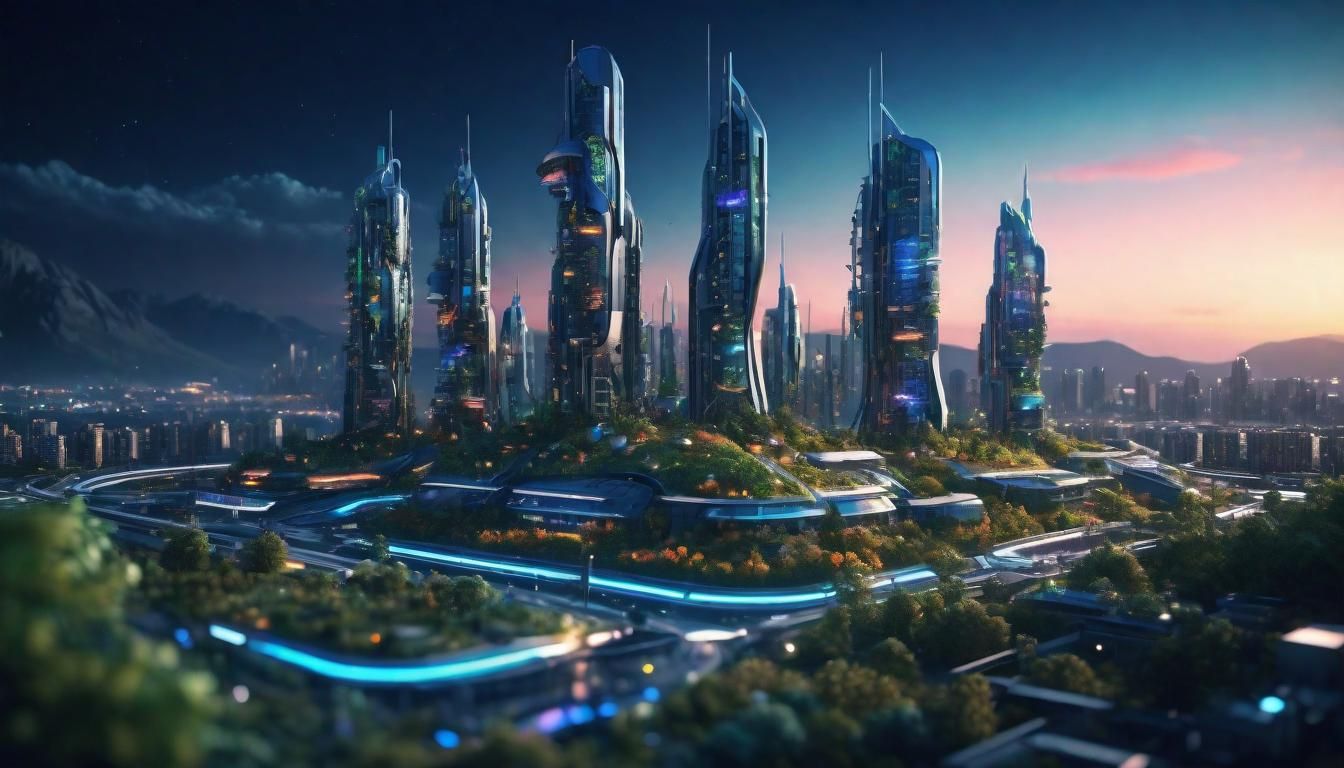 Close up of an Utopic advanced city with sustainable technology ...