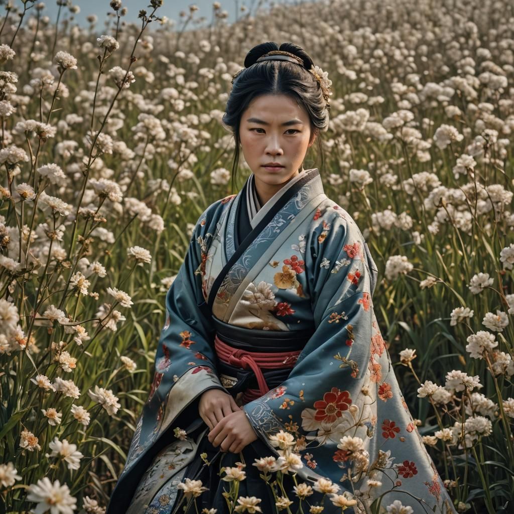 Anna Sawai as lady Mariko in Shogun in a flower field - AI Generated ...