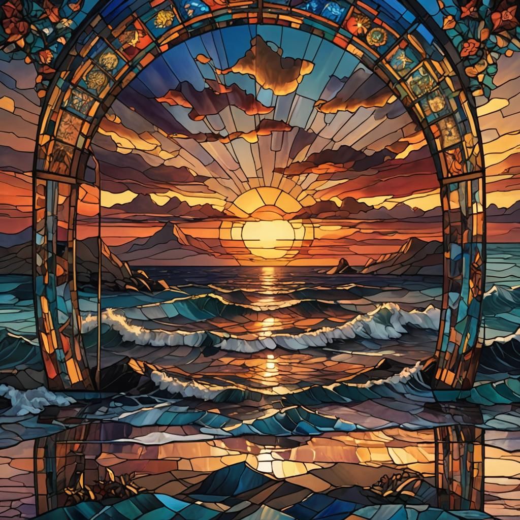 Stained glass sunset by the sea - AI Generated Artwork - NightCafe Creator