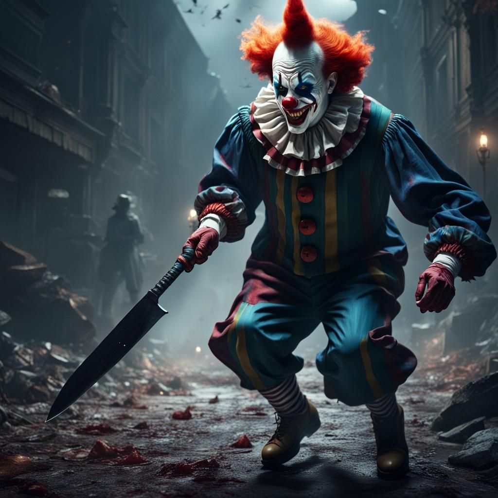 evil clown with a knife chasing a man - AI Generated Artwork ...