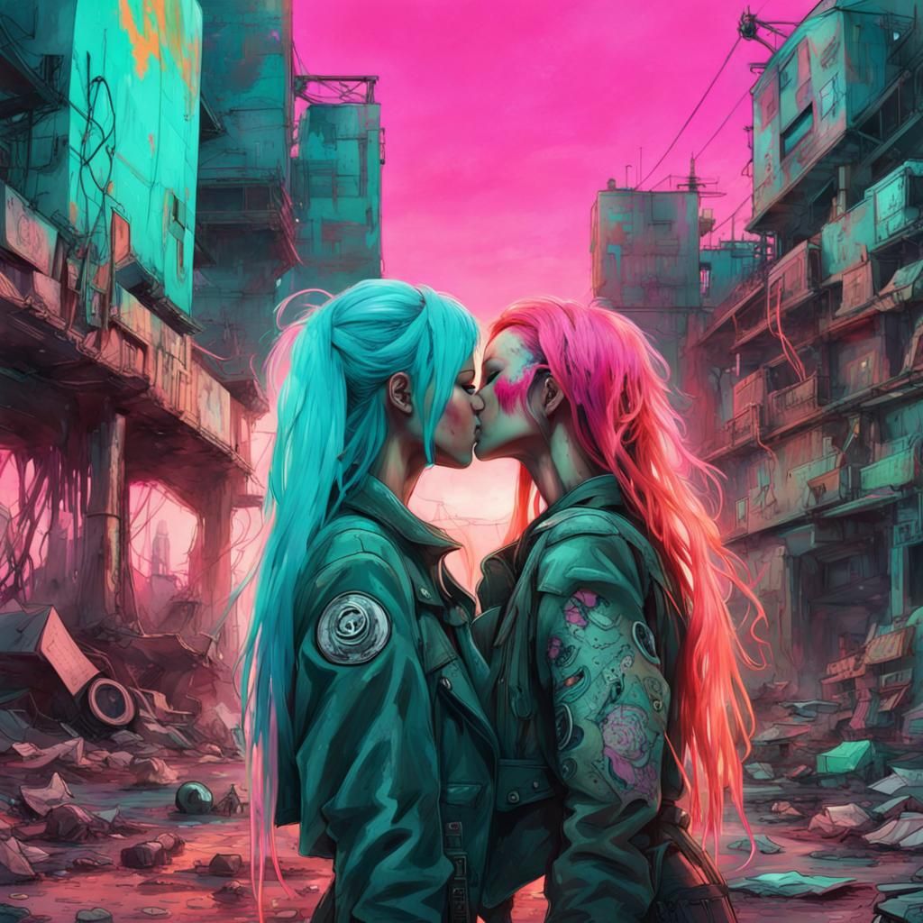 KISSING in a post apocalyptic waste land in the future - AI Generated Artwork - NightCafe Creator