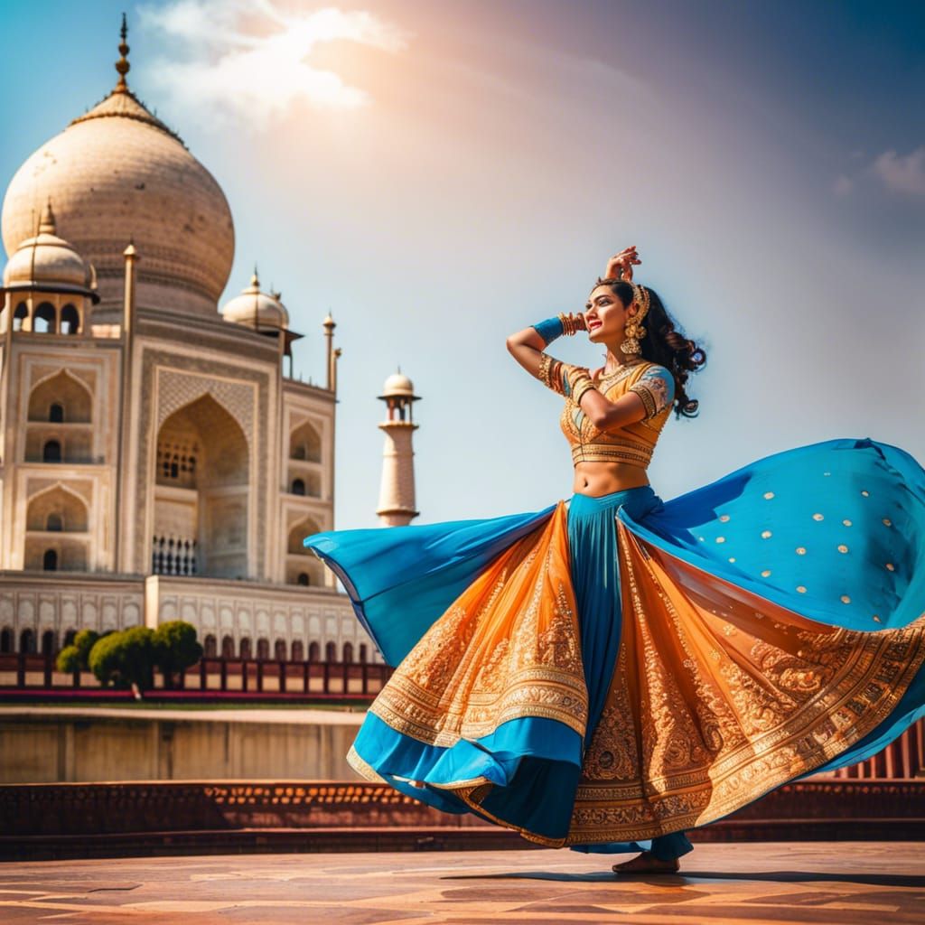 full body Kathak dance pose, swirling skirt, spectacularly beautiful ...