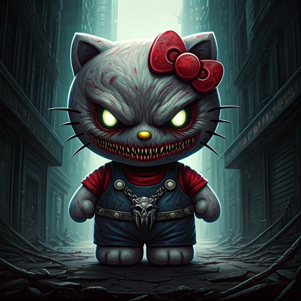 Gritty Hello Kitty in Dark Surrealistic Metropolis - AI Art