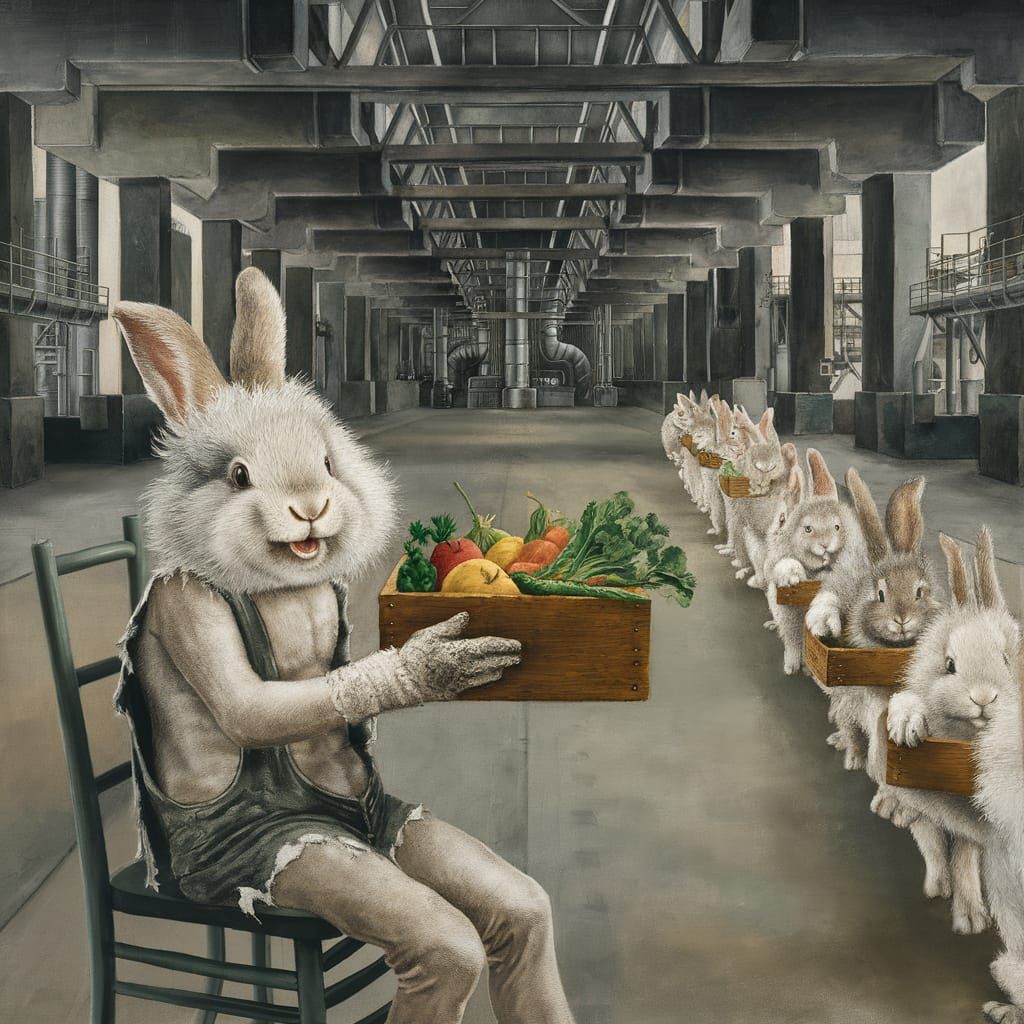 Surreal Dürer-Inspired Painting of Rabbits in Indu... - AI Art