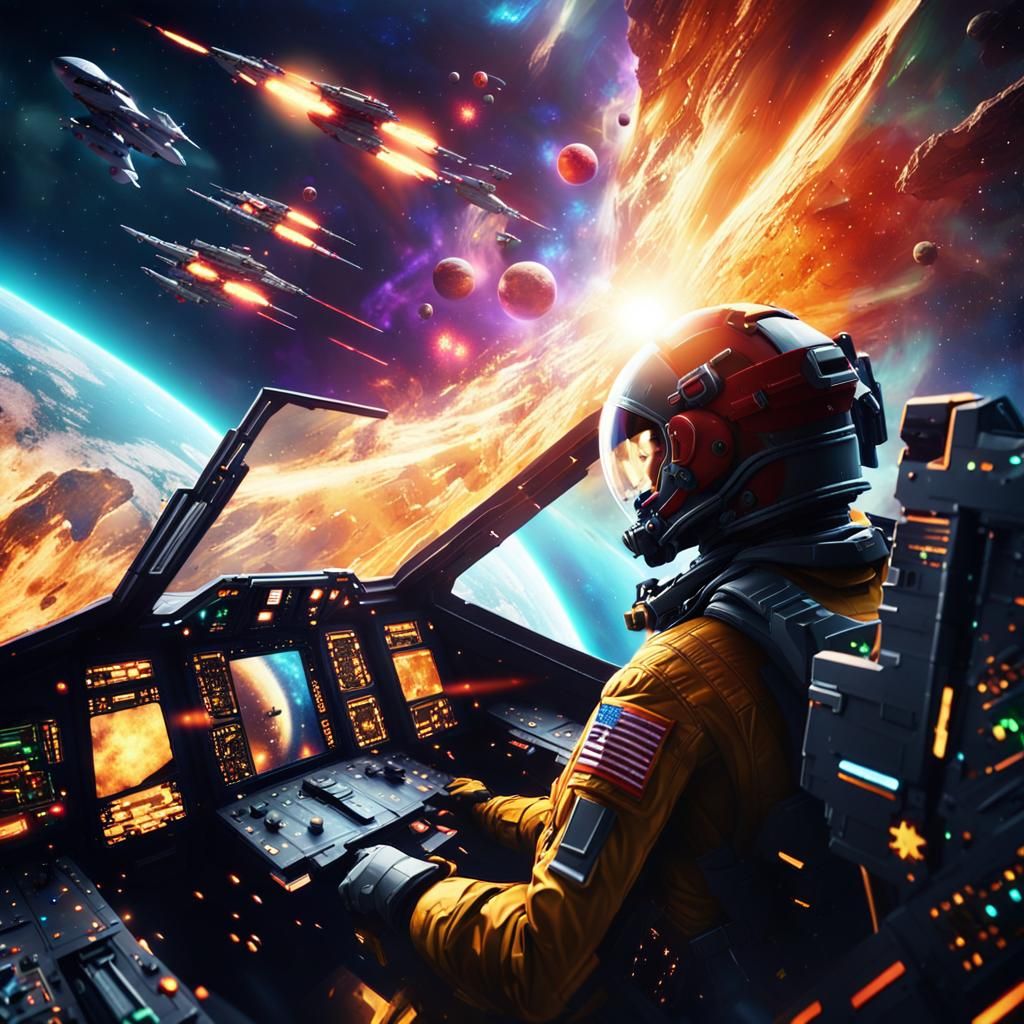 Heroic Space Fighter Pilot Engages Enemy in Cosmic... - AI Art