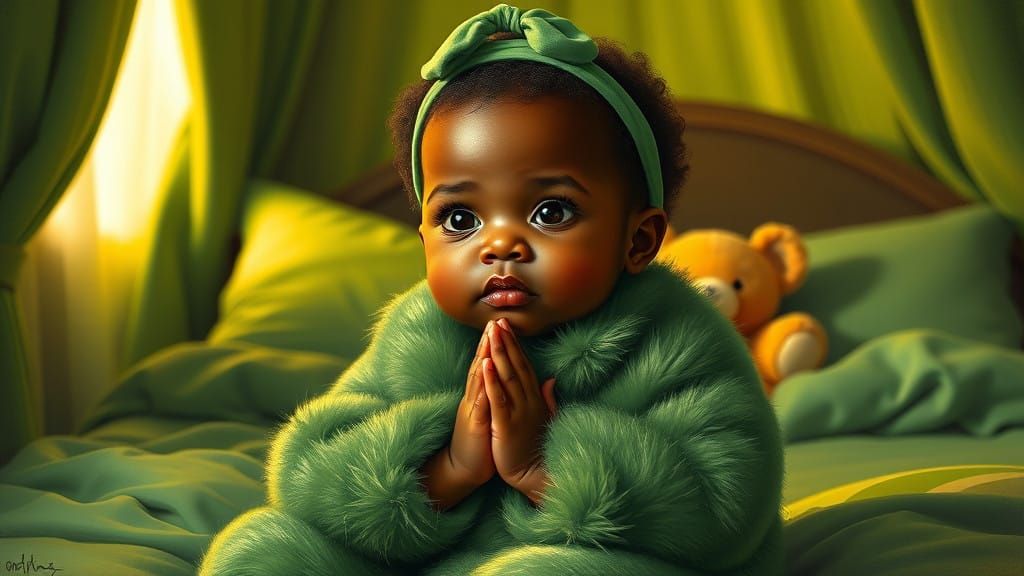 Serenely Adored African-American Baby in Green Fur... - AI Art