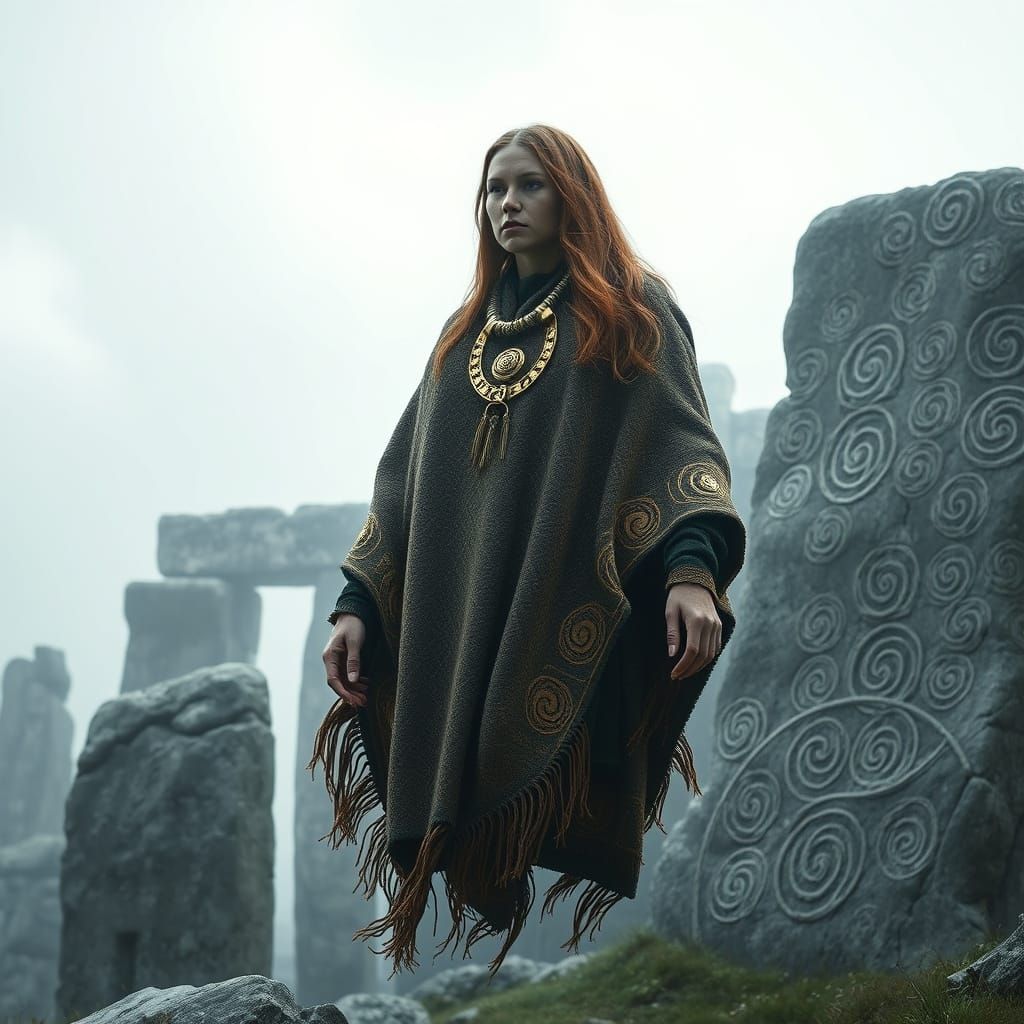 Photorealistic neolithic High Priestess and megaliths carved with ...