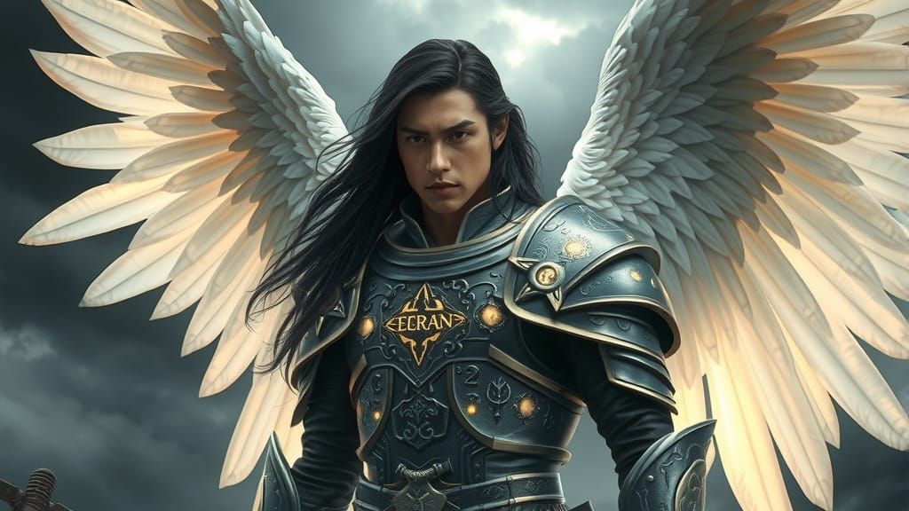 A male seraph warrior with long dark hair, brilliant white angelic ...