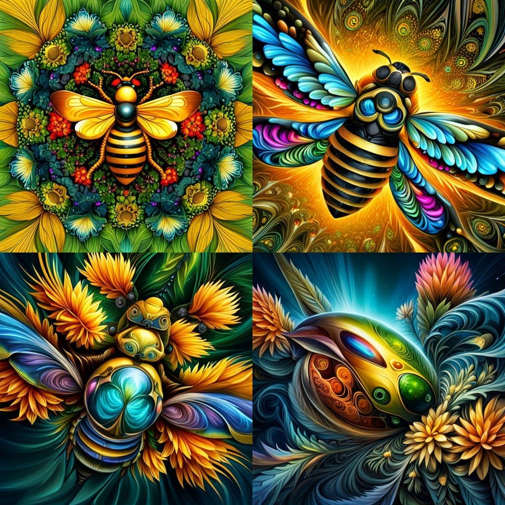 Exploded floral cyberpunk robotic bee made of flowers; floral ...