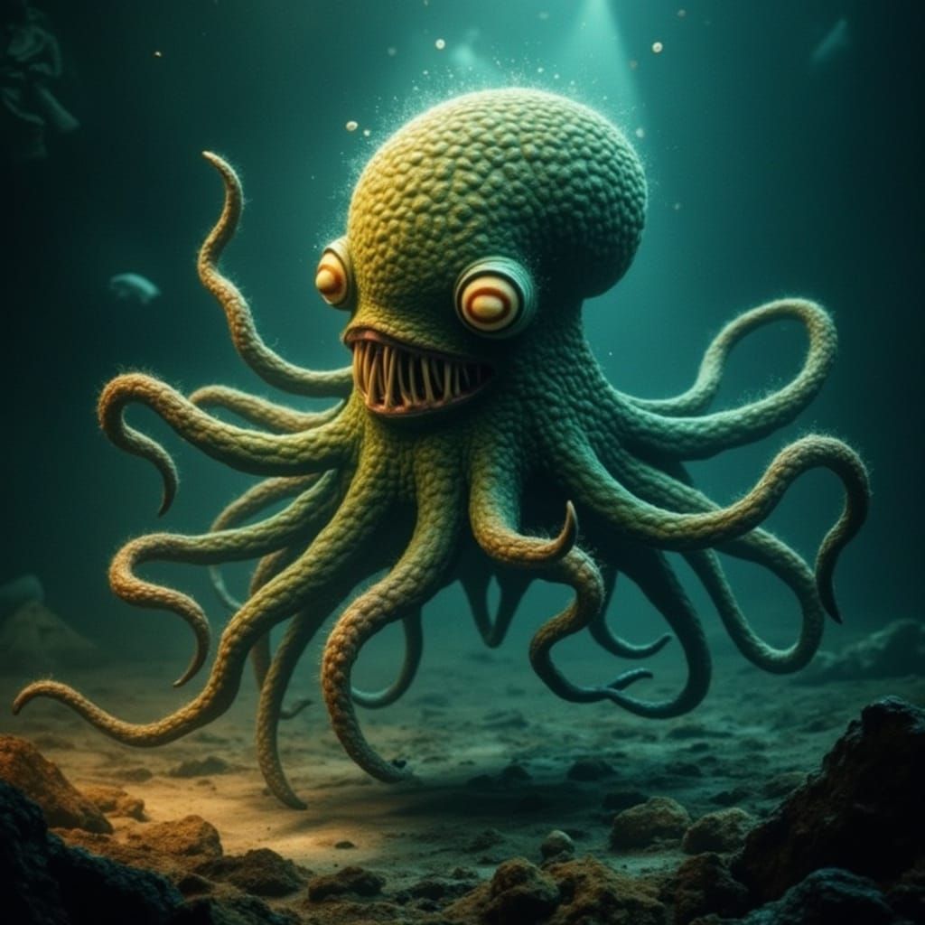 Surreal Land Squid Emerges from Dark Landscape - AI Art