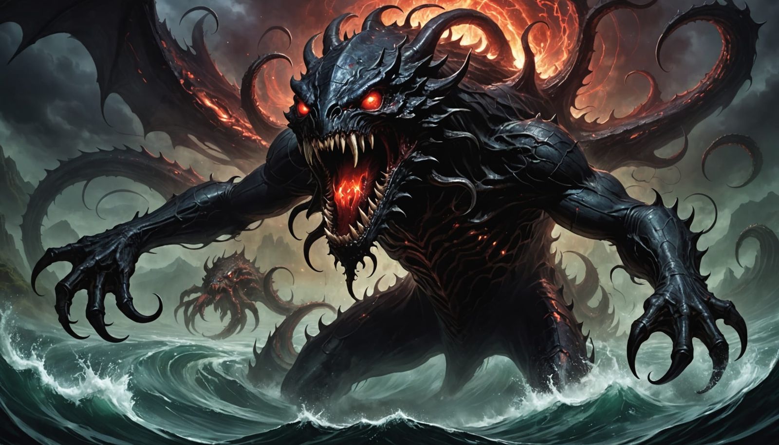 eldritch horror, dark creature rising from a pool of black water, red glowing eyes, slavering ...
