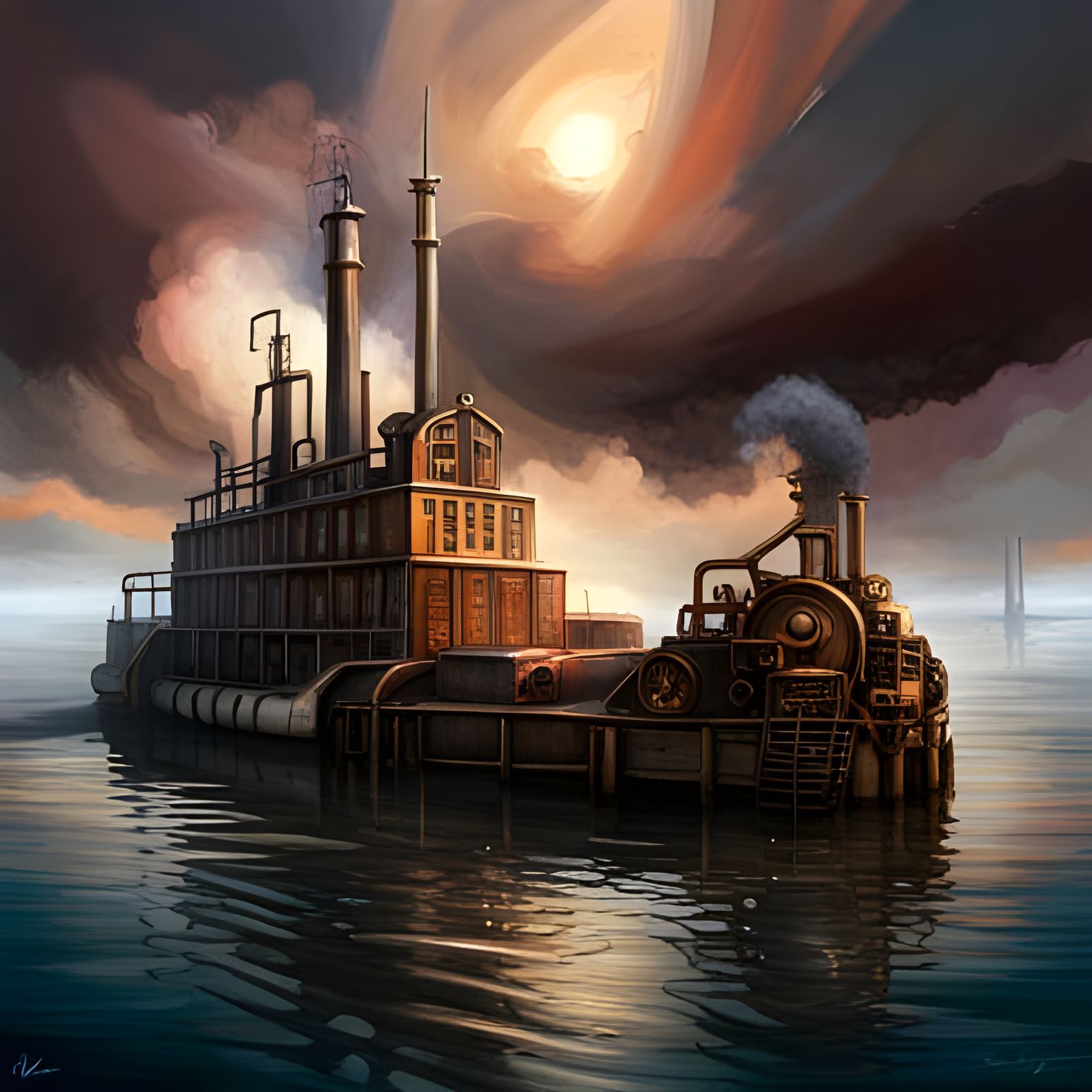 Steampunk old tug boat in harbor - AI Generated Artwork - NightCafe Creator