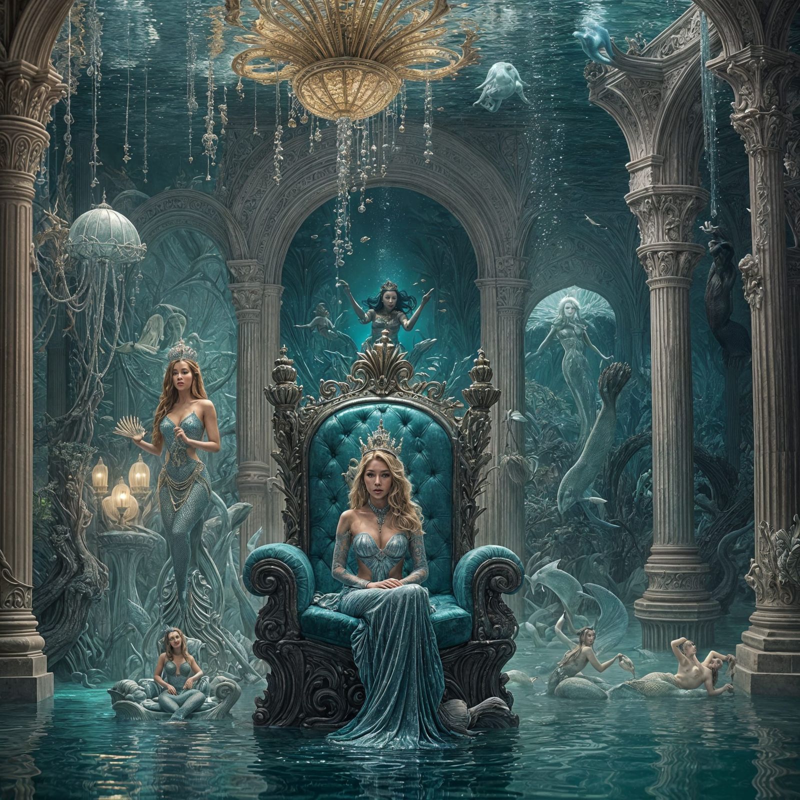Surreal Underwater Palace Throne Room with Mermaid... - AI Art