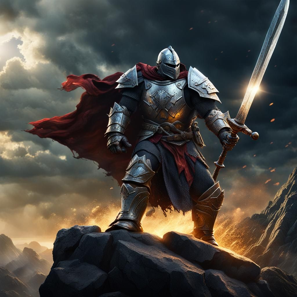 shining human knight on boulder, he raises sword up to the sky, sunbeam ...