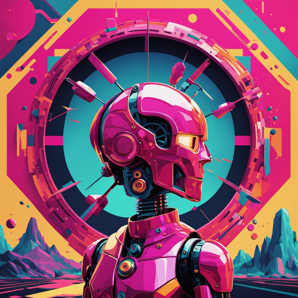 A futuristic robot playing a fuchsia violin, inspired by the surrealism ...
