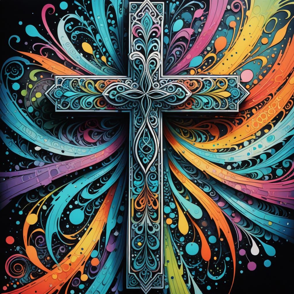Zentangle Cross - Ethereal Zentangle Cross in Vibrant Graffi...