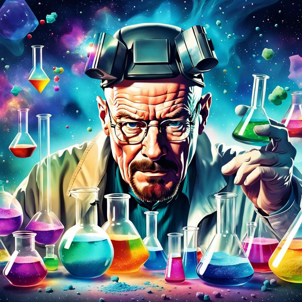 Breaking Bad Walter White with glass beakers full of different brightly ...