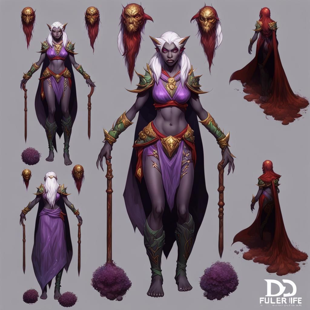 drow dnd character sheet, druid. colors: purple, white, gold, and red. Drow with white skin ...
