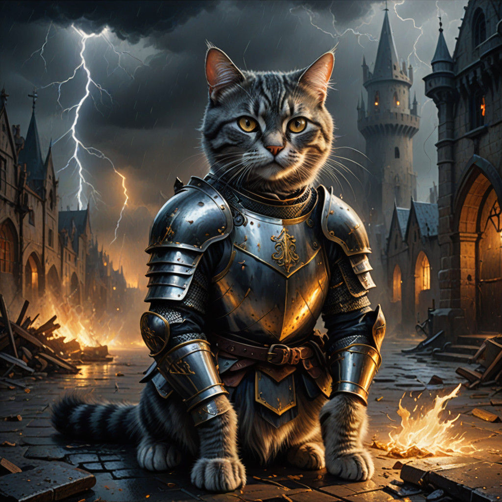 (K)night cat - Knight Cat Amidst a Stormy Medieval Scene