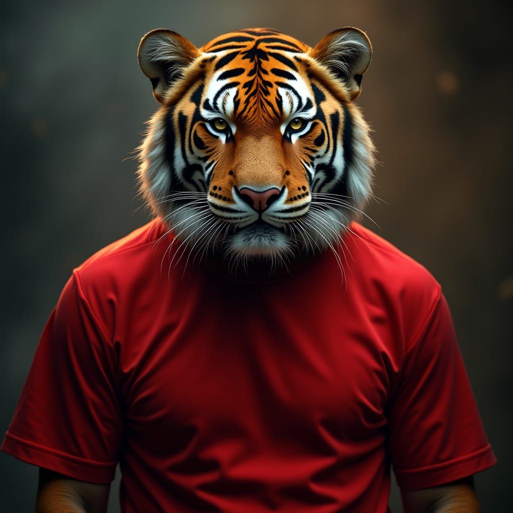 Tiger with big red t- shirt - Regal Tiger in Oversized Red T...