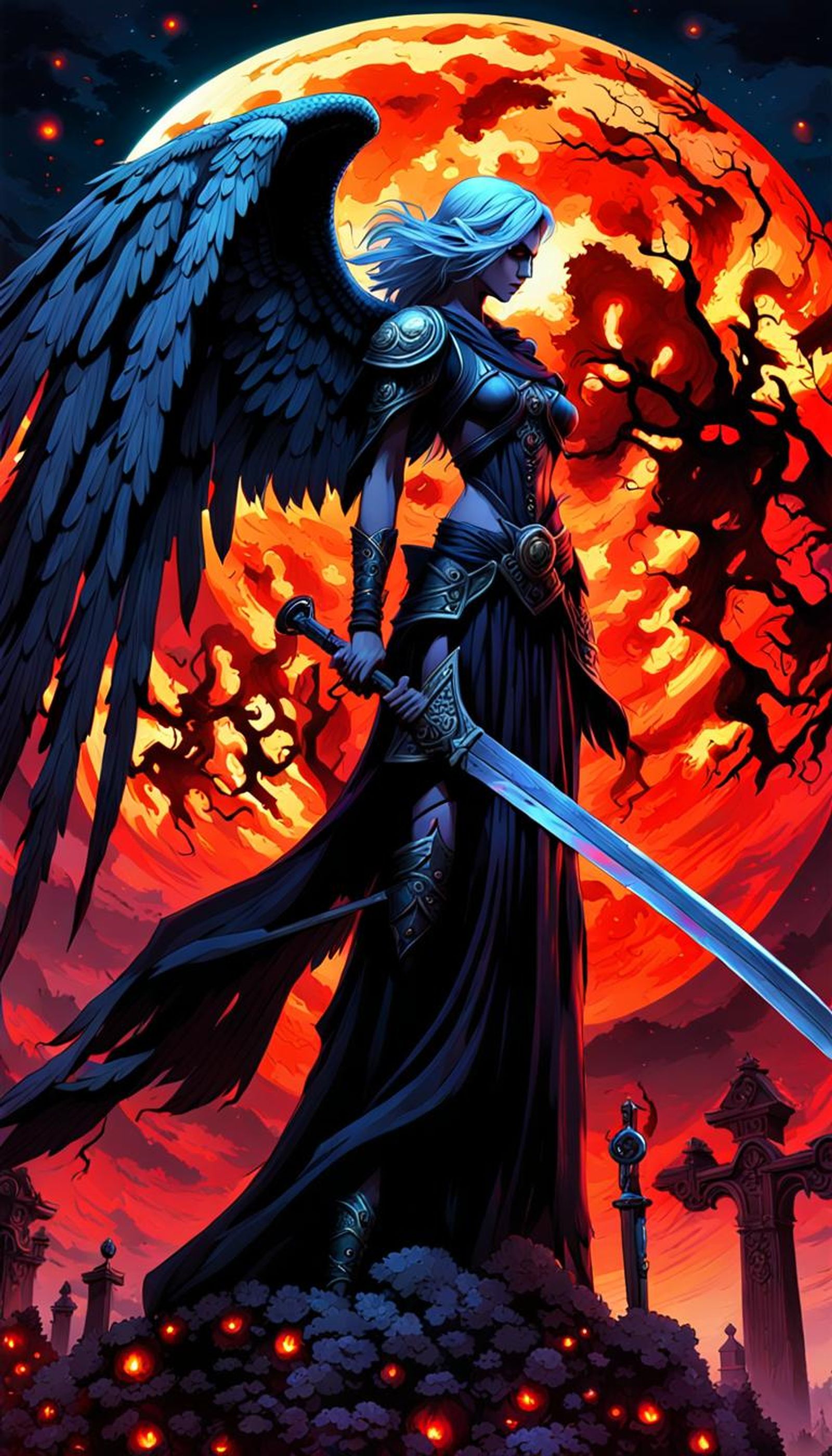 Undead Necro Angel with a rusted black sword of embers, Graveyard, full ...