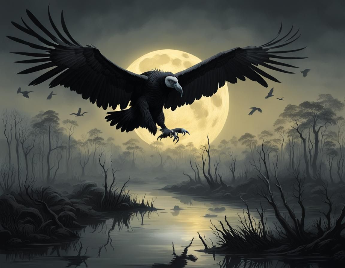 big dark vulture flies circling over a dark swamp at night and in fog ...