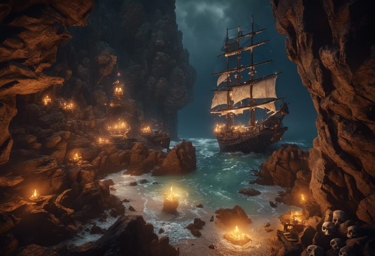 a secret lair for pirates hidden along a rocky coast. Decorated with ...