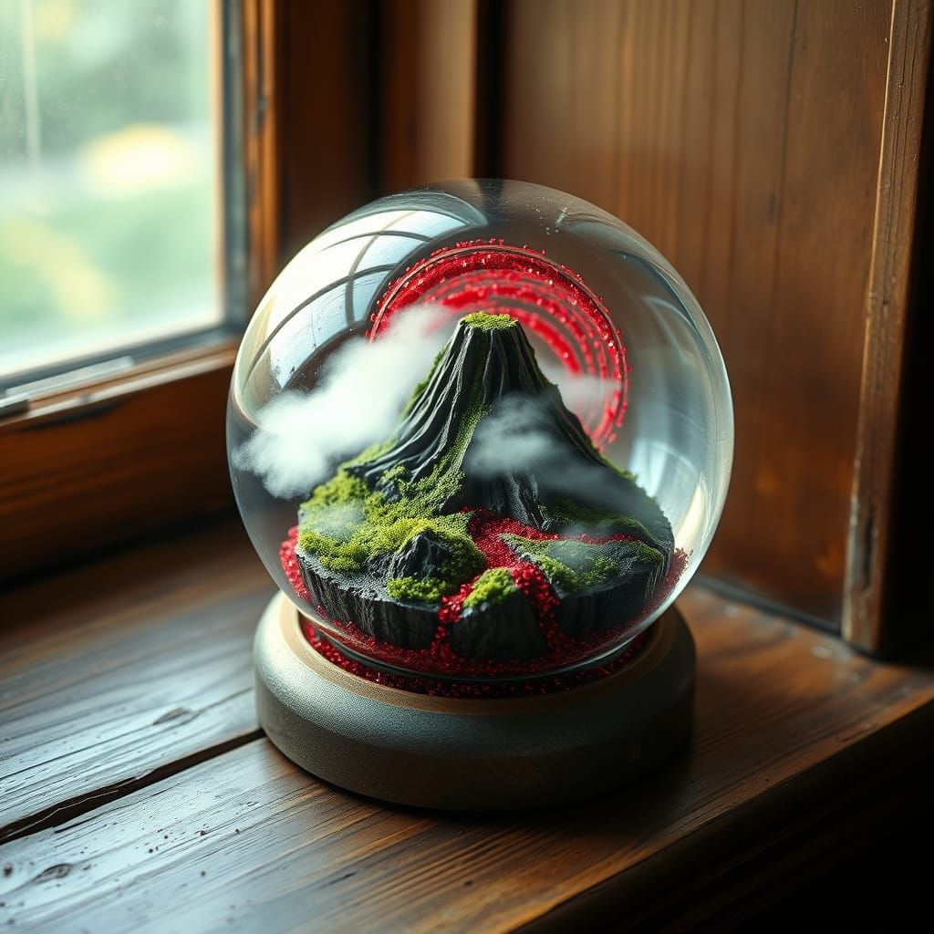 Miniature Volcanic Island in a Snow Globe Window S... - AI Art
