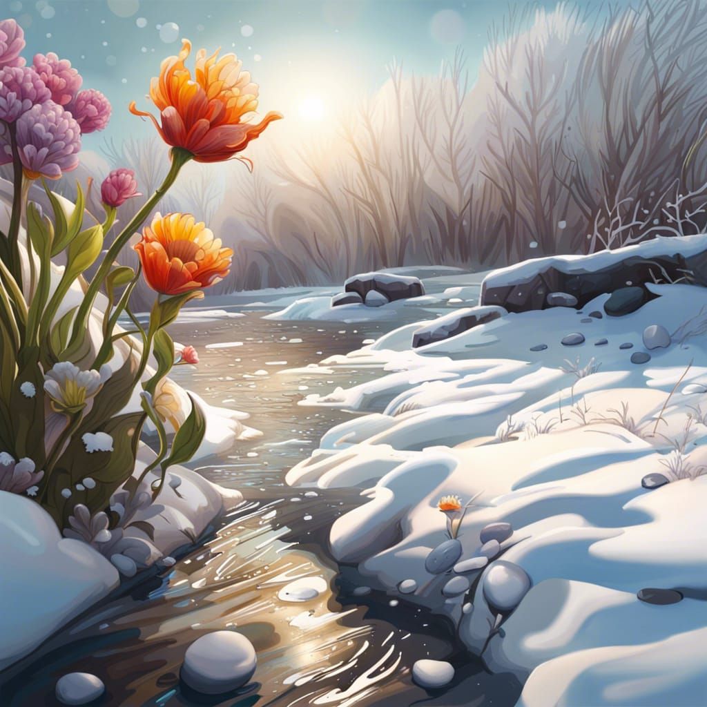 Winter to spring, thawing out River, flowers growing out of snow. - AI ...