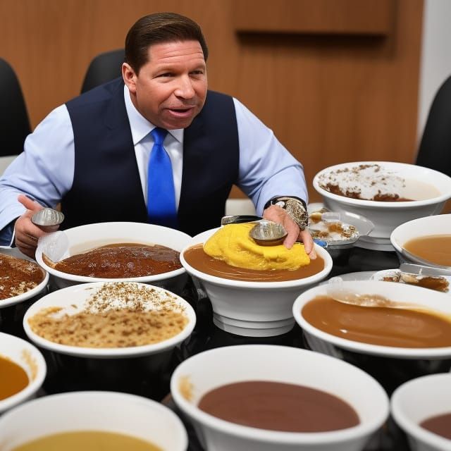 ron desantis with a ring of pudding around his mouth and feet on a desk ...