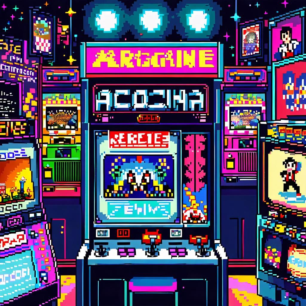 A pixel art scene of a nostalgic, bustling retro gaming arcade ...