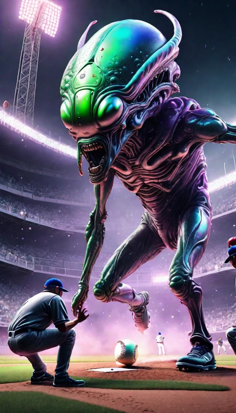 A baseball game with many different alien players, creatures playing ...