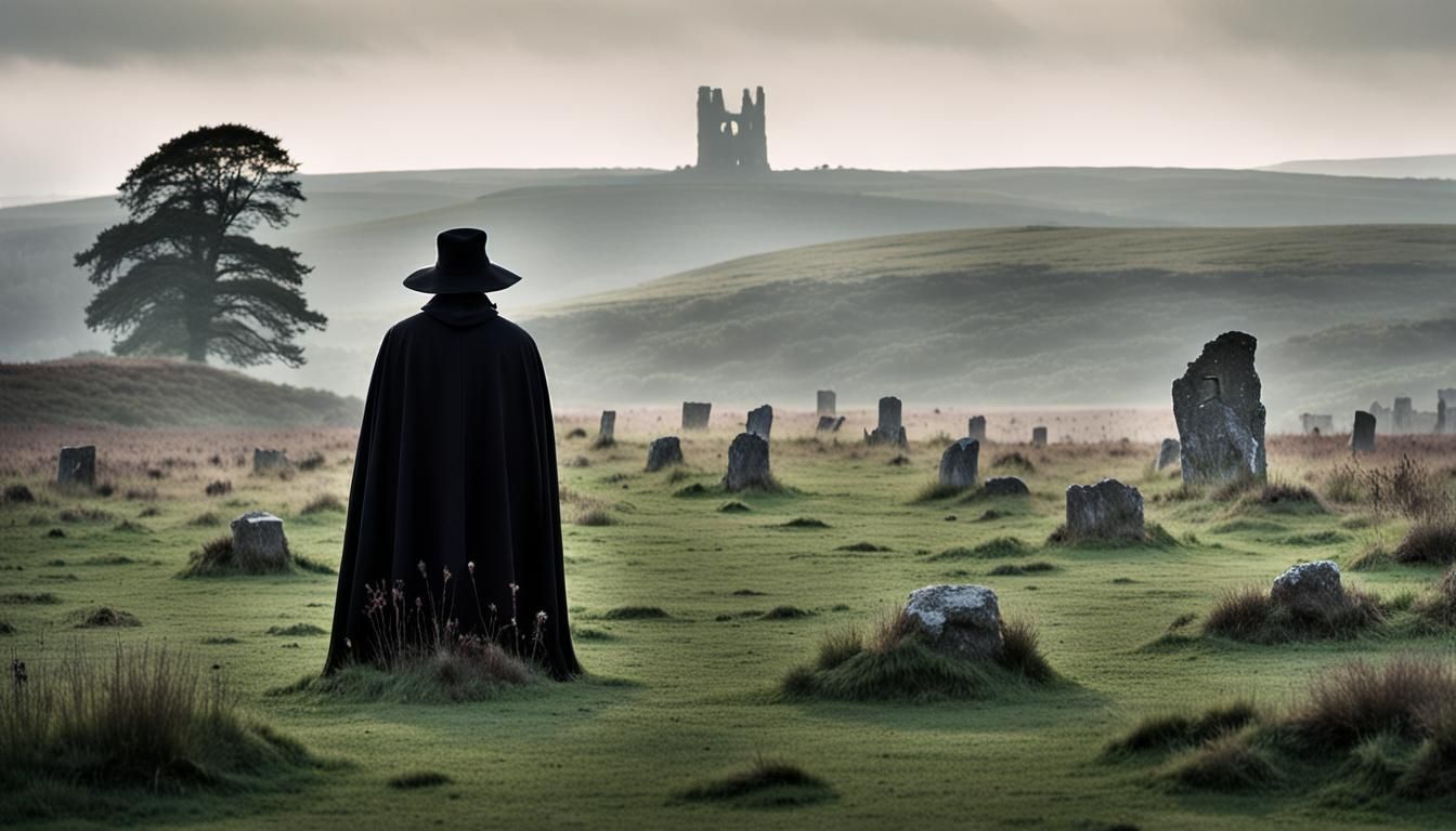 An open meadow on the English Moors with gothic stone outcroppings ...