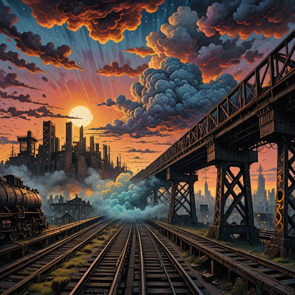 Ethereal Atompunk Cityscape with Tenebrism Oil Pai... - AI Art