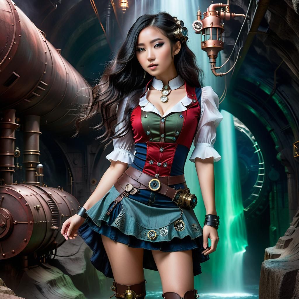 Young Asian woman in a Steampunk dress in an subterranean space ...