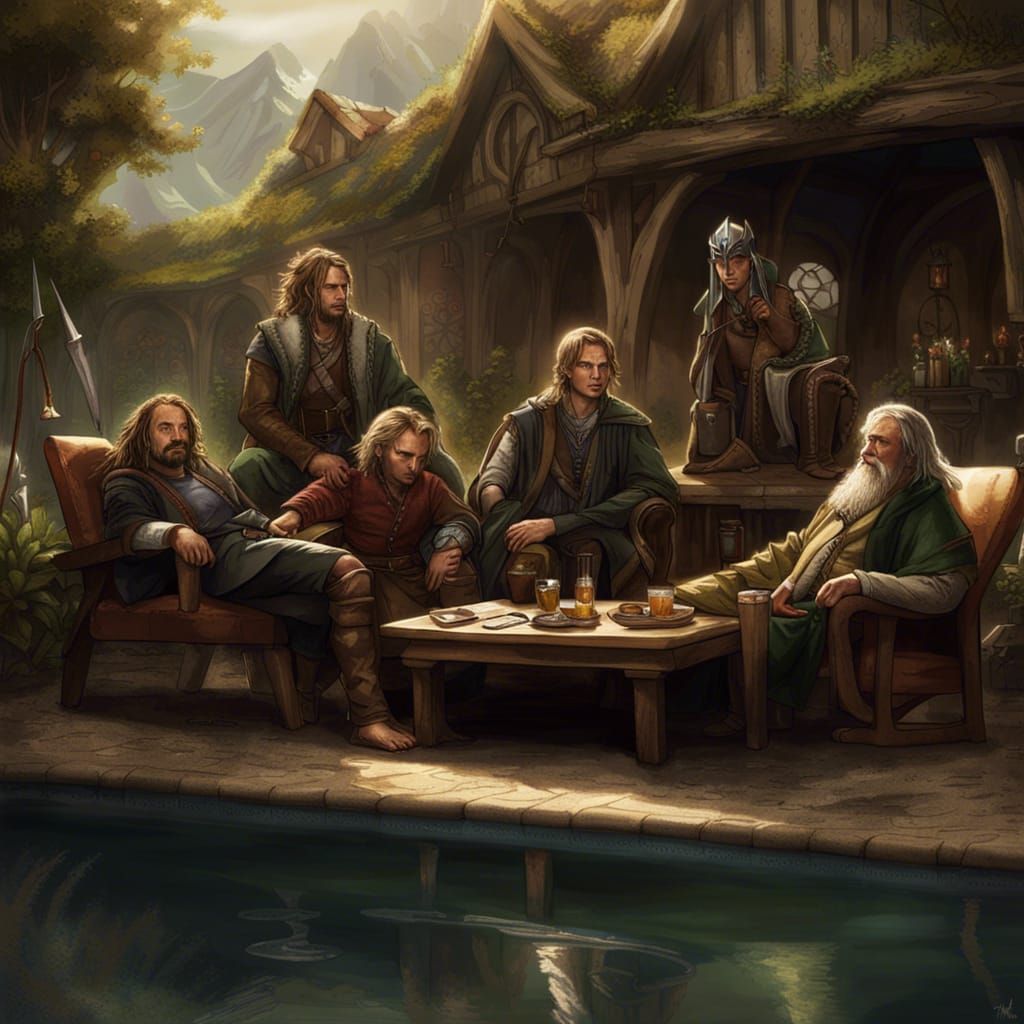 The characters of Lord of the Rings lounging at the pool. Include ...