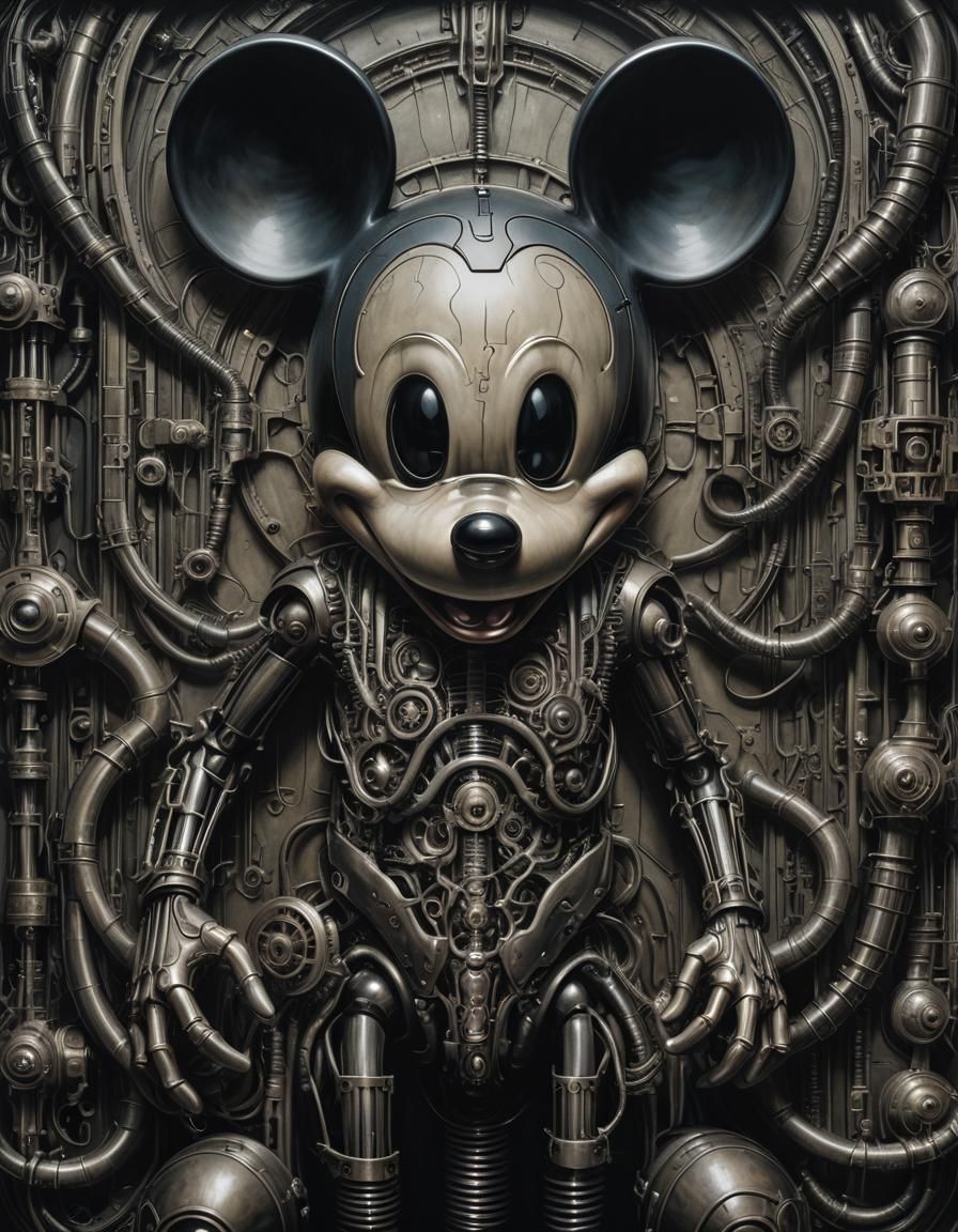 A dark and surreal portrait of Mickey Mouse created by H.R. Giger ...