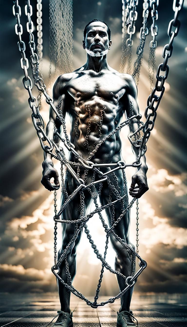A double exposure of a chrome man breaking chains with a dream sequence ...