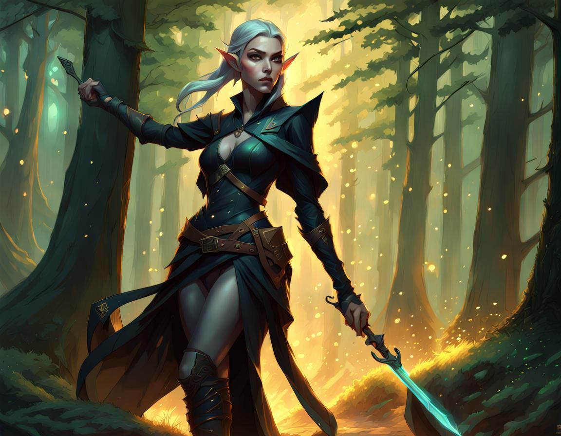 rogue, elf female, black clothes, sword in hand, full body, forest, D&D ...