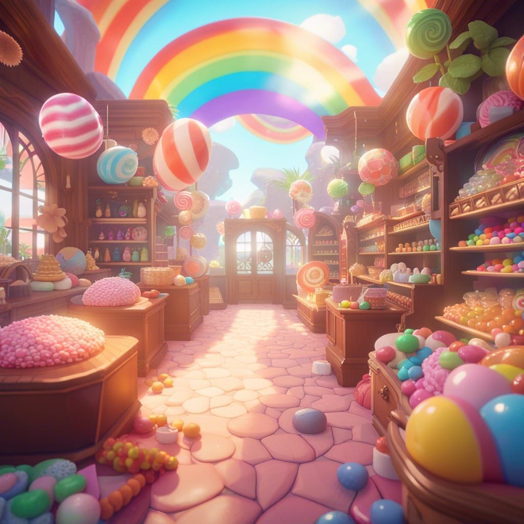 a candy shop full of candies and fairies, with rainbow, in the paradise ...