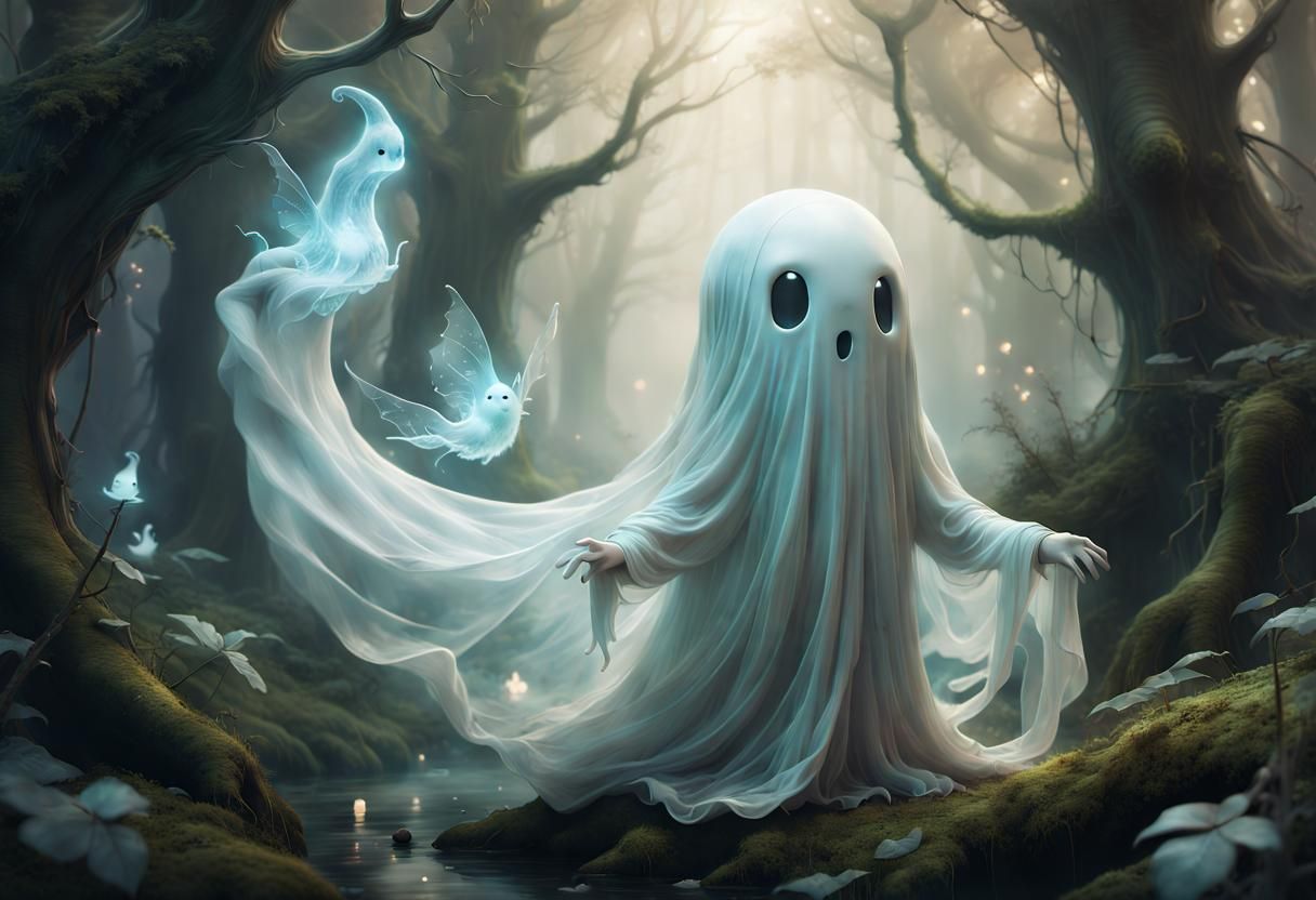 Cute adorable friendly_happy_ghost in an enchanted forest, ethereal ...