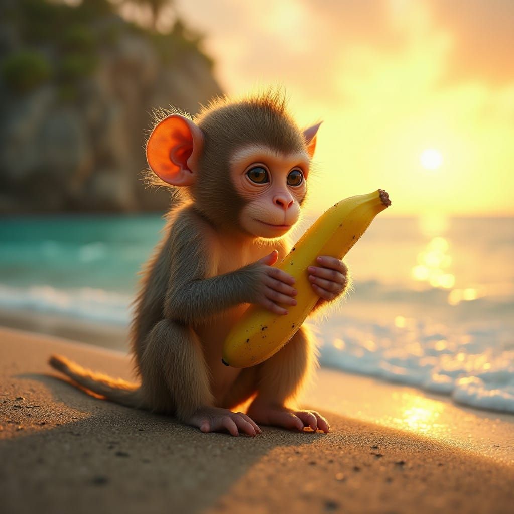 Monkey Peels Banana on Sunset Beach Shore in Vibra... - AI Art