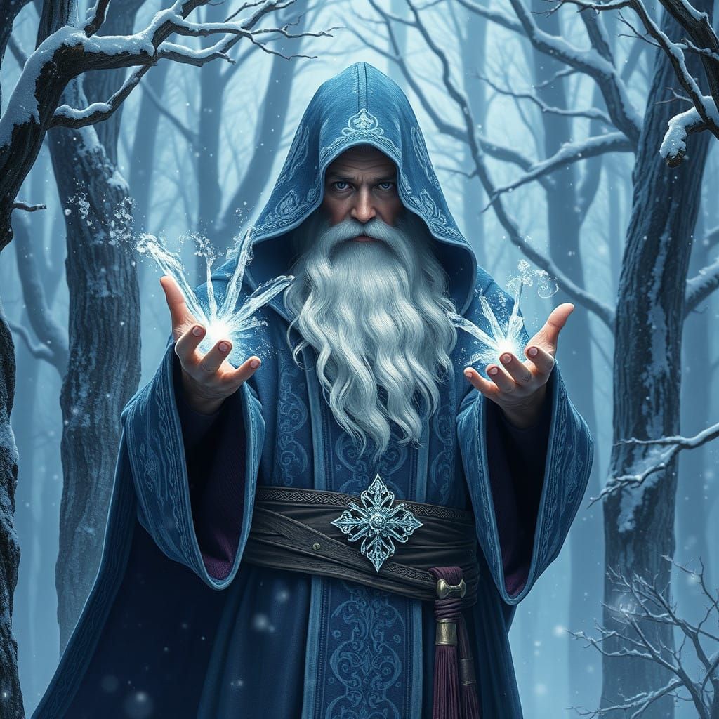 Ethereal Wizard Weaves Frosty Magic in Snowy Fores... - AI Art