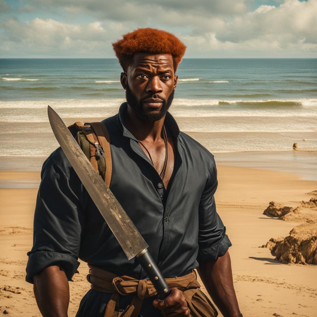 ginger black man with a machete on the beaches of ... - AI Art