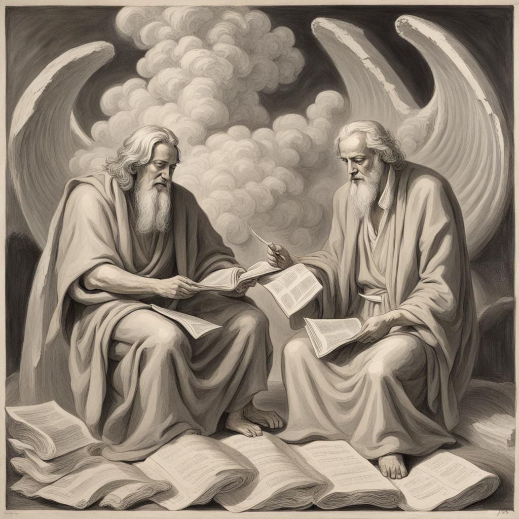 God and Enoch sit in discussion amongst a pile of scrolls, in the style ...
