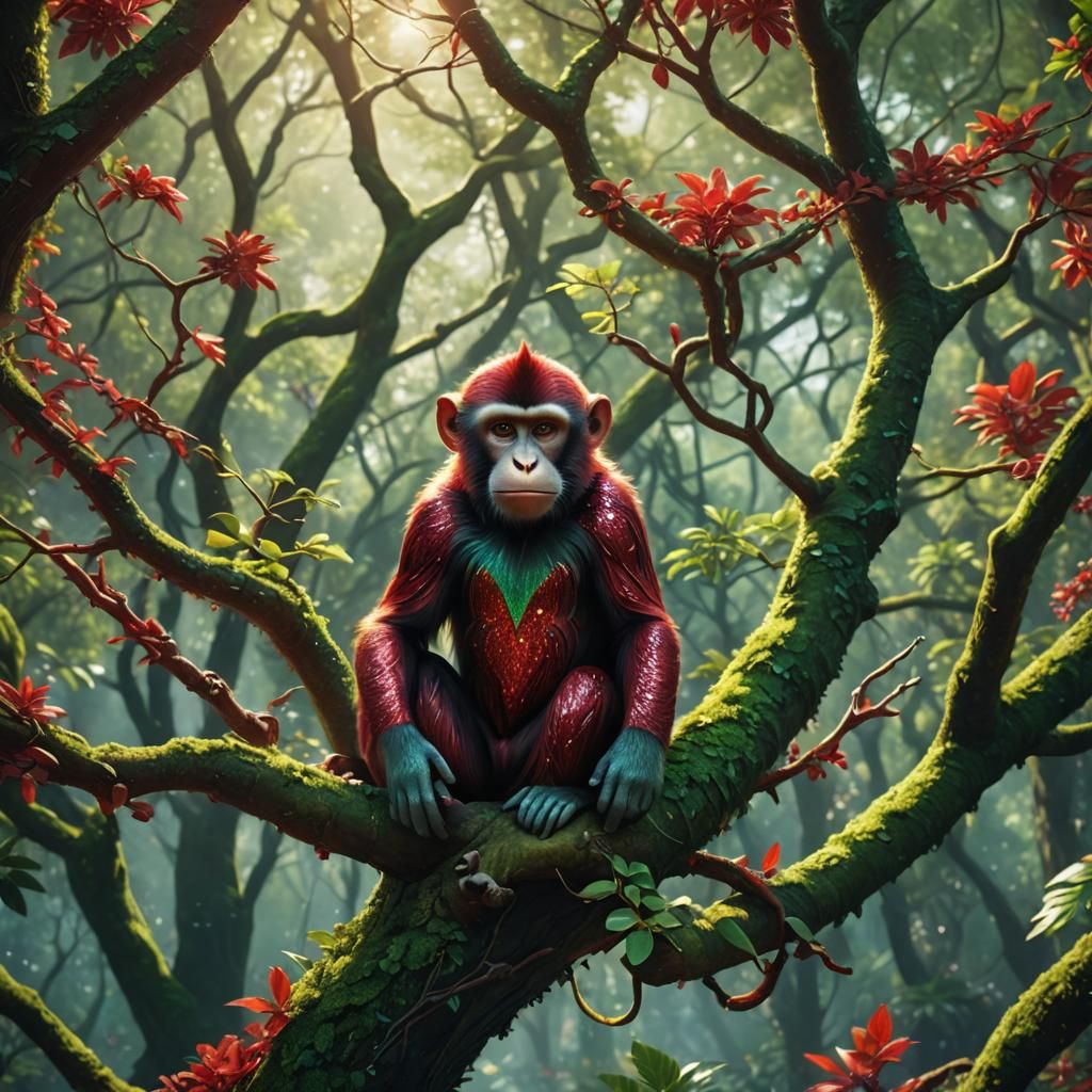 Green and red shiny glitter monkey sitting in a tree - AI Generated ...