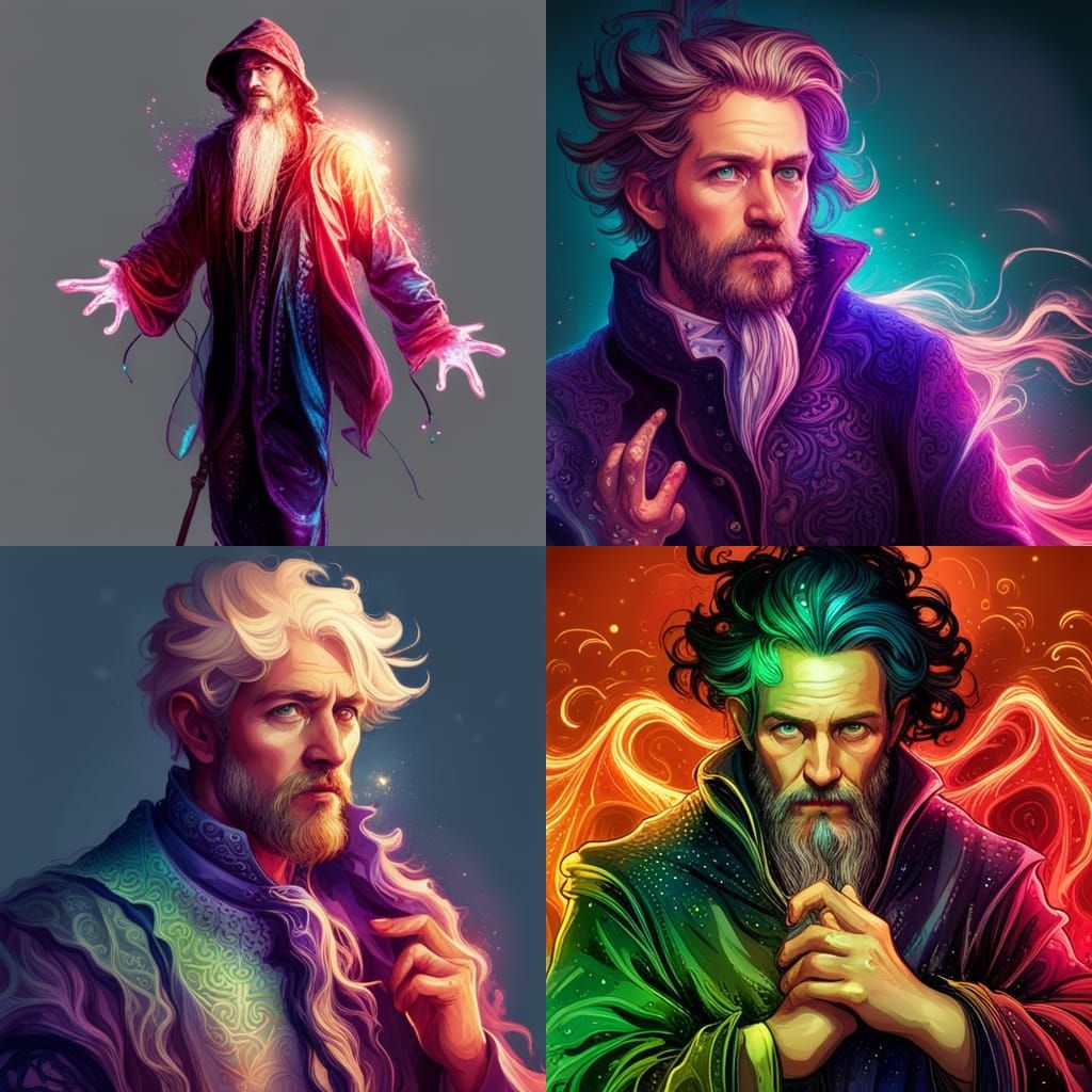male, Dark warlock, bearded wizard with magic luminous color sparkles ...